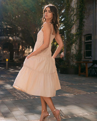 Zaafira Tiered Midi Dress | Spaghetti Strap Summer Dress – Kaasida